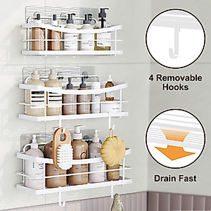Orimade Adhesive Shower Caddy Shelf with Hooks Organizer Storage Rack Rustproof Wall Mounted Stainless Steel No Drilling for Bathroom, Toilet, Kitchen - 3 Tier, White