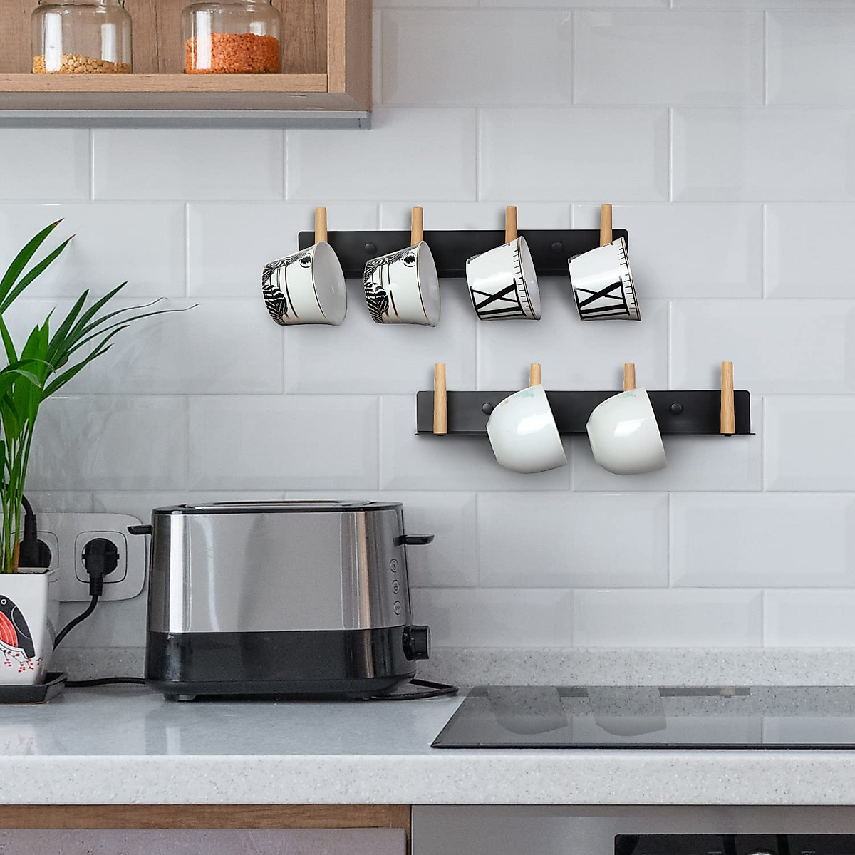 JSVER Mug Hook Wall Mounted Mug Holder, Hanging Coffee Cup Rack with 4 Hooks for Kitchen