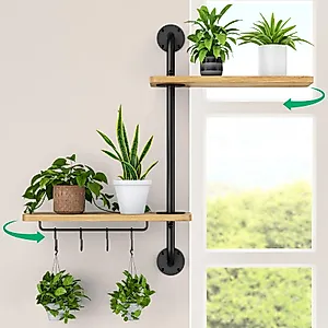THYGIFTREE Window Plant Shelves 2-Tier Rotating Plant Display Holder Wall Mounted Pipe Swivel Plant Stand Rustic Floating Shelves for Houseplants Herbs, Wood