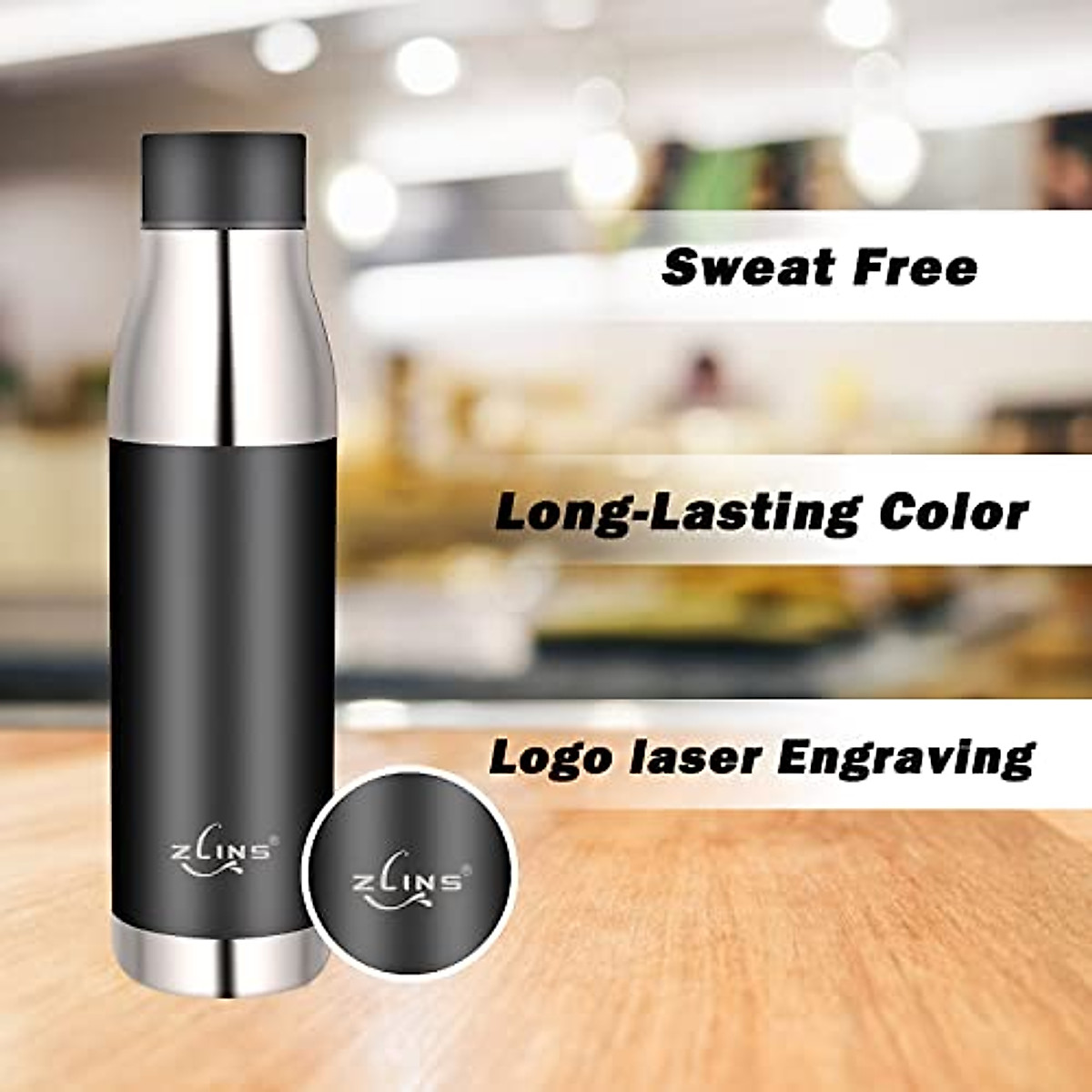 ZLINS Stainless Steel Vacuum Insulated 22oz Water Bottle Leak-Proof - Reusable Double Walled Metal Thermos - Sports Flask Great for Travel, Hiking, Camping (Black)