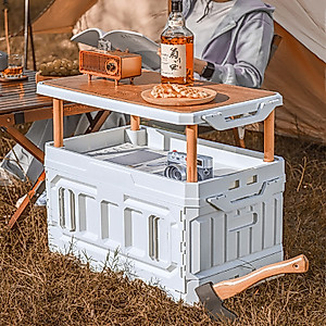 LUGBING Folding Storage Box, Outdoor Portable Camping Collapsible Storage Bin with Wooden Lid Plastic Storage Container for Car, Toys, Camping, Picnic