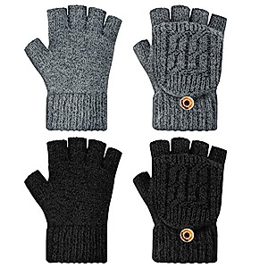 ONESING 2 Pairs Fingerless Gloves for Women Winter Fingerless Mittens with Finger Flaps Warm Convertible Mittens Stretchy Knit Womens Gloves for Cold Weather