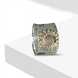 SWBRJ Blooming Sunflower Wide Band Ring for Women,Silver Big Large Flower Punk Gothic Chunky Ring,Thumb Index Full Finger Floral Ring Boho Jewelry Gift for Her (Ring_Flower, 7)