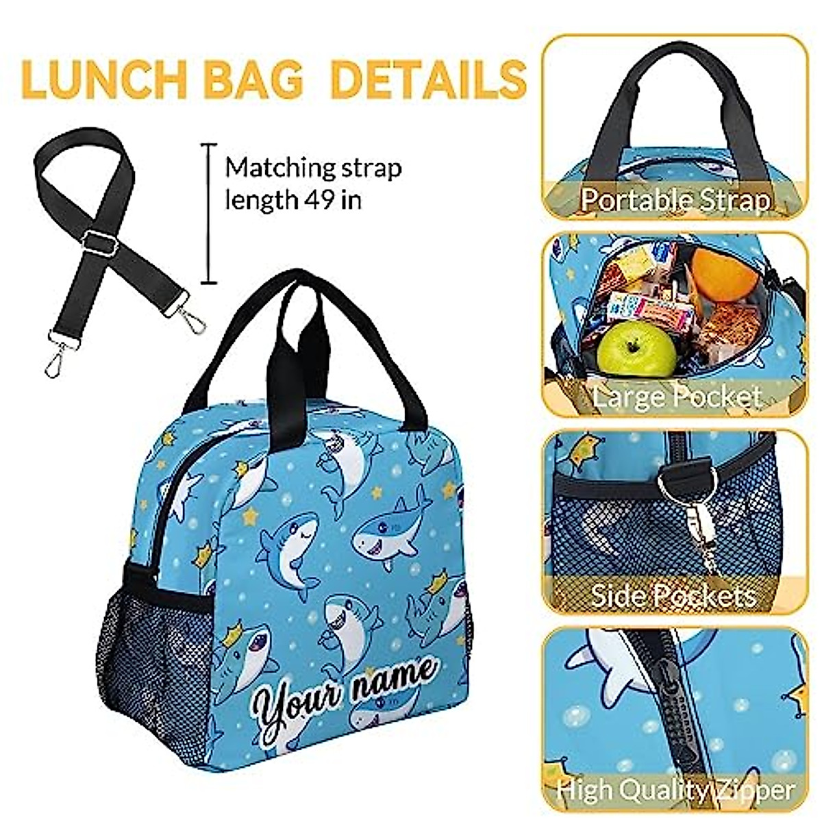 Personalized Shark Backpack with Lunch Box And Pencil Case Set, 3 in 1 Matching Boys Girls Blue Backpacks Combo, Cute Bookbag And Pencil Case Bundle