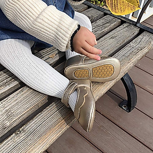 SOFMUO Baby Girls Mary Jane Flats Non-Slip Soft Rubber Sole Infant Sneakers Toddler Princess Dress Walking Shoes(Gold,12-18 Months)