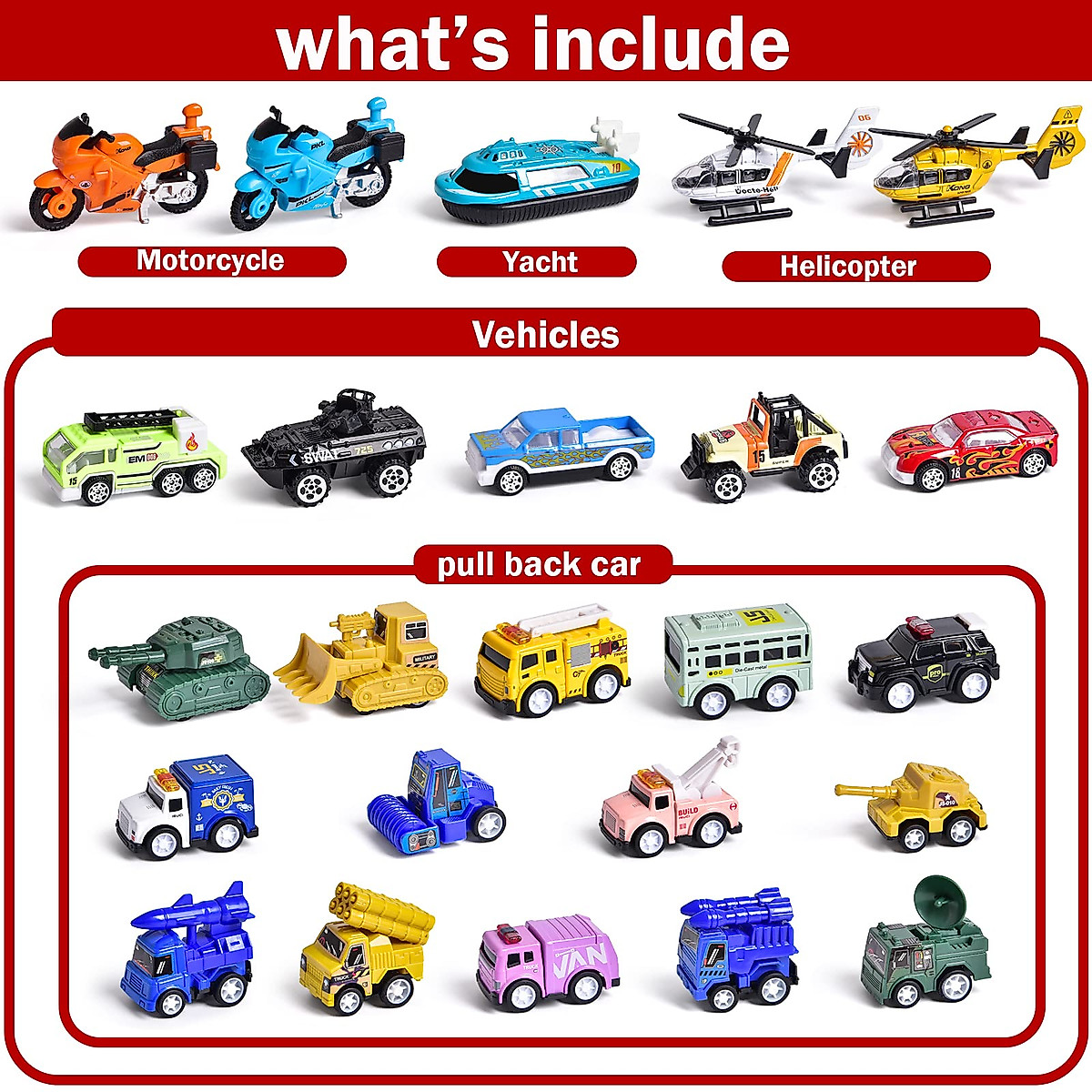 FUN LITTLE TOYS 24 Different Pull Back Cars Toys for Toddlers Boys Girls, for Kids