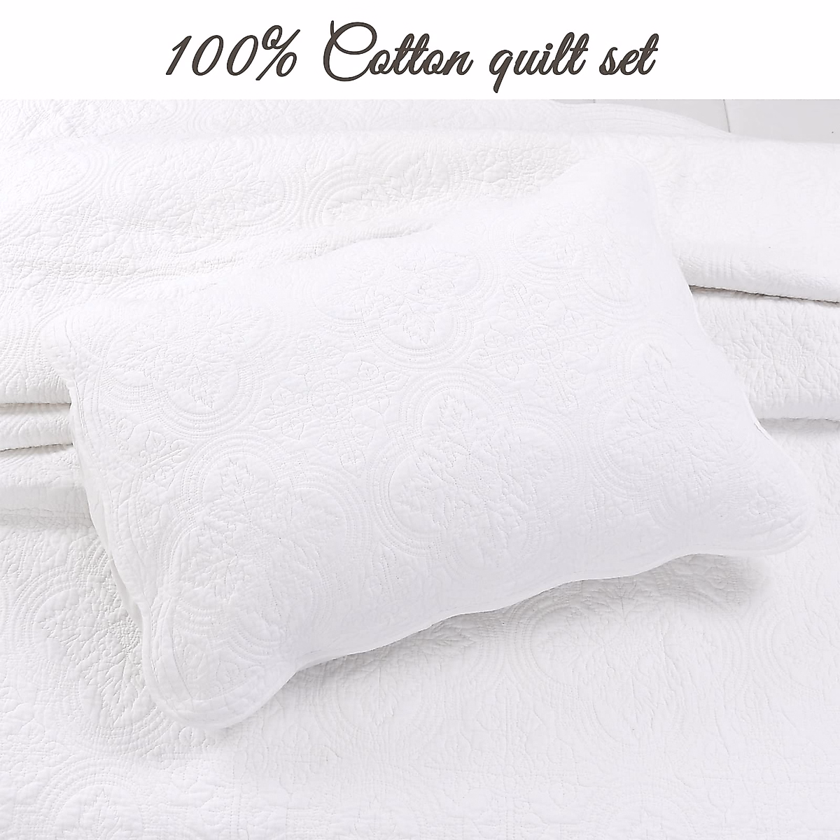 Cozy Line Home Fashions Victorian Medallion Solid White Embossed 100% Cotton Bedding Quilt Set,Reversible Bedspread, Coverlet (Blantyre - White, Oversized King - 3 Piece)