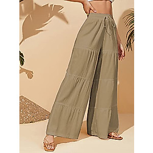 LilyCoco Flowy Pants for Women Palazzo Wide Leg Ruffle Trousers High Waisted Tiered Bell Bottom Camel Small