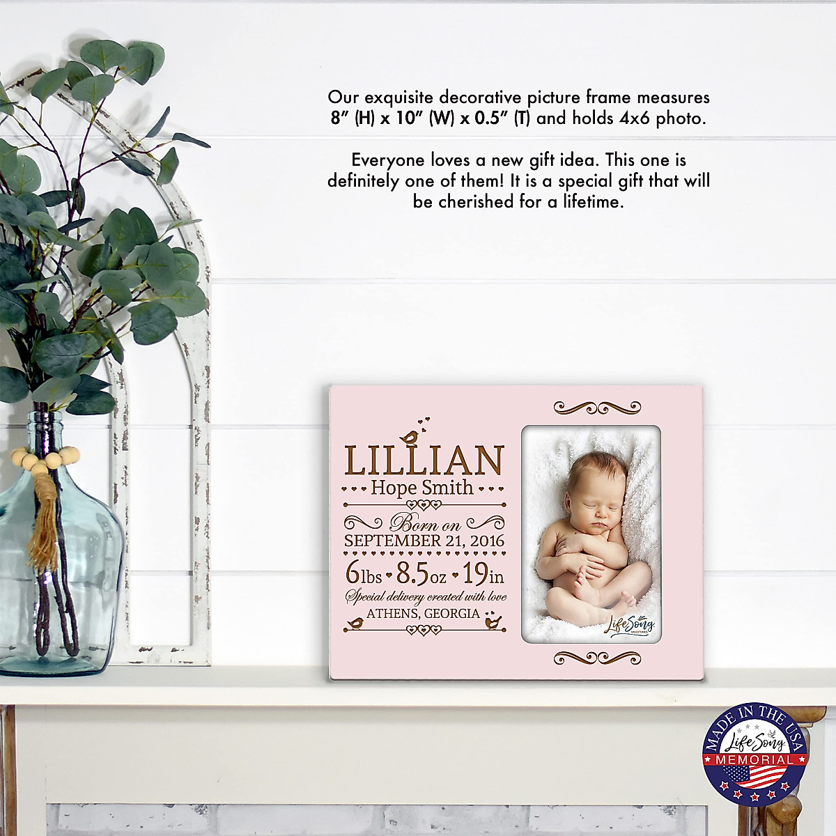 LifeSong Milestones Personalized Picture Frame New Baby Birth Announcement Picture Frame Holds 4x6 Photo Wall Decor Nursery Decor Baby Room Decor Modern Wall Decor Baby Keepsake Products