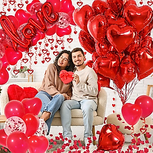 Red Valentines Day Decorations with Red Heart Balloons and Love Balloon, Fake Rose Petals for Wedding Decor, Anniversary Decorations Romantic with red Latex Balloons and Heart Hanging Decor