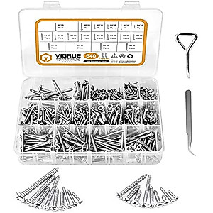 VIGRUE 640PCS M3/M4/M5/M6 Phillips Drive Wood Screw Assortment Kit, 304 Stainless Steel Self Tapping Screws Assortment Set (Round Head and Flat Head)