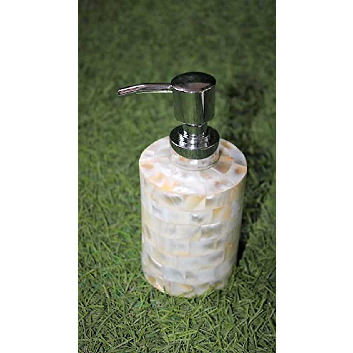 Mother of Pearl Bathroom Accessories Set Farmhouse Bathroom Décor Gift Set for Counter Top Décor, Apartment Essentials Restroom Bathroom Counter Top Accessory Set (Soap Dispenser-Round)