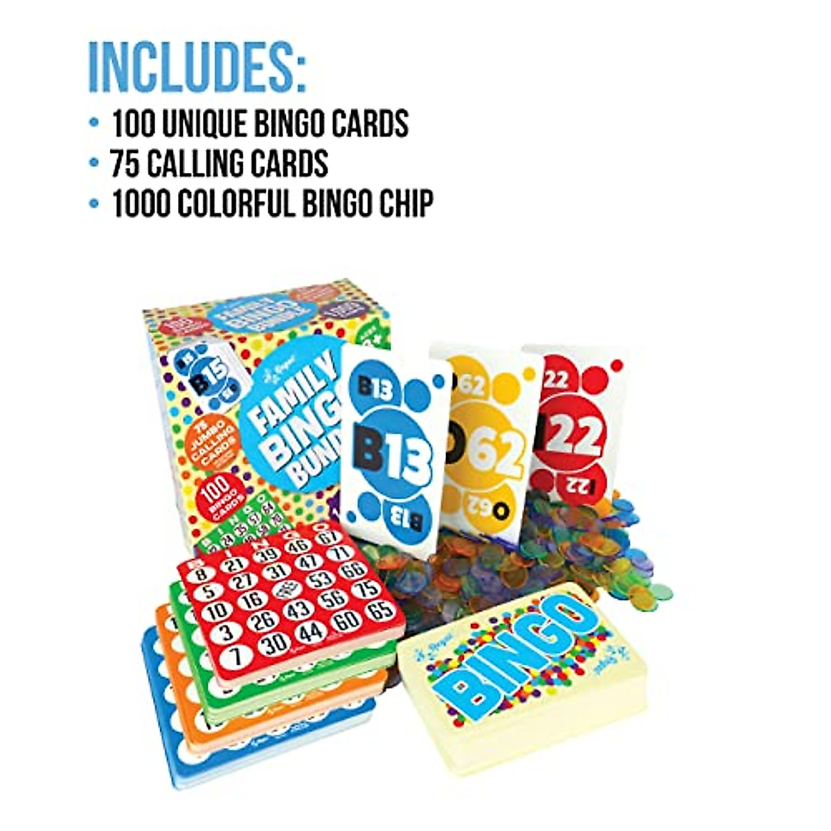 Regal Games - Family Bingo Bundle - Includes 100 Unique Bingo Cards, 75 Jumbo Calling Cards, 1000 Colorful Chips - Fun Family-Friendly Game - Ideal for Large Groups, Parties, Game Nights - Ages 8+