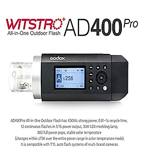 Godox AD400 Pro Godox AD400Pro All-in-One Outdoor Flash Has 400ws Strong Power,0.01~1s Recycle Time,12 Continuous Flashes in 1/16 Power Output,30W LED Modeling Lamp,380 Full Power Pops