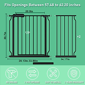 ALLAIBB Extra Wide Pressure Mounted Baby Gate Walk Through Child Kids Safety Toddler Tension White Long Large Pet Dog Gates with Extension for doorways Kitchen (57.48-62.20"/146-158cm, Black)