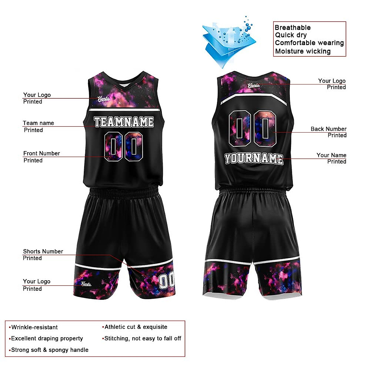 Custom Basketball Jersey for Men Women Adult Youth Print Name Number Logo (Black-Starry Sky)