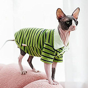 Sphynx Hairless Cat Clothes Autumn Waffle Stripe Lapel Polo Shirts Breathable Thicken Cotton T-Shirts with Sleeve Kitten Shirts Pet Clothes (M (6-7.7lbs), Black Green Polo)