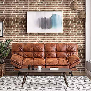 Opoiar Mid-Century Modern Brown Leather Convertible Sectional Loveseat Sofa with Wooden Frame, 3" Memory Foam Cushions, Perfect for Small Spaces / 71", Twin