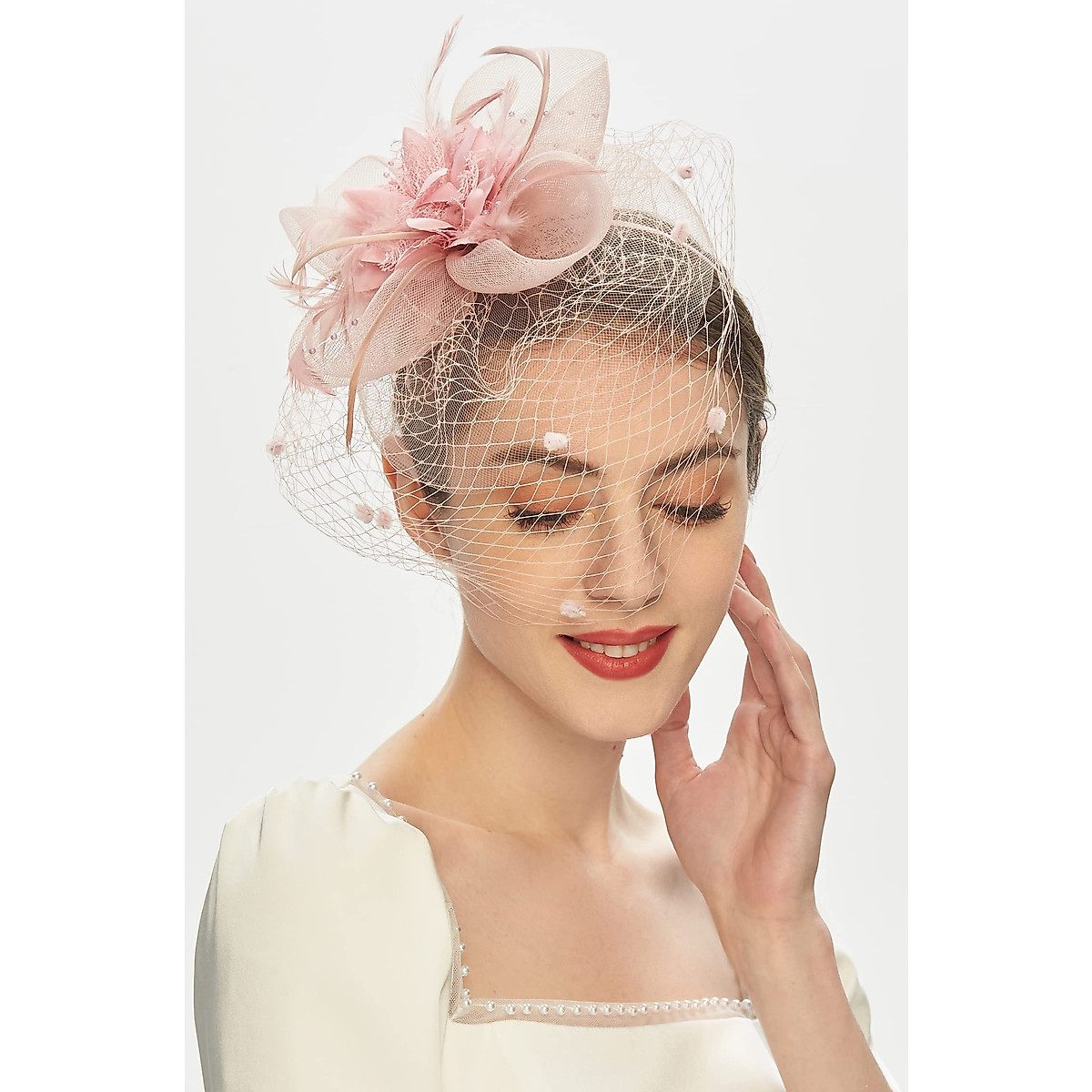 Cizoe Fascinator Hats for Women Tea Party Headband Kentucky Derby Wedding Flower Mesh Veil Fascinator (A-blush pink)