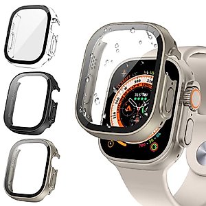 [3PACK] Tensea for Apple Watch Ultra 2/Ultra Screen Protector Case 49mm, iWatch Protective Face Cover, Hard PC Bumper Built-in Tempered Glass Film, Ultra-Thin Guard Women Men, 49 mm
