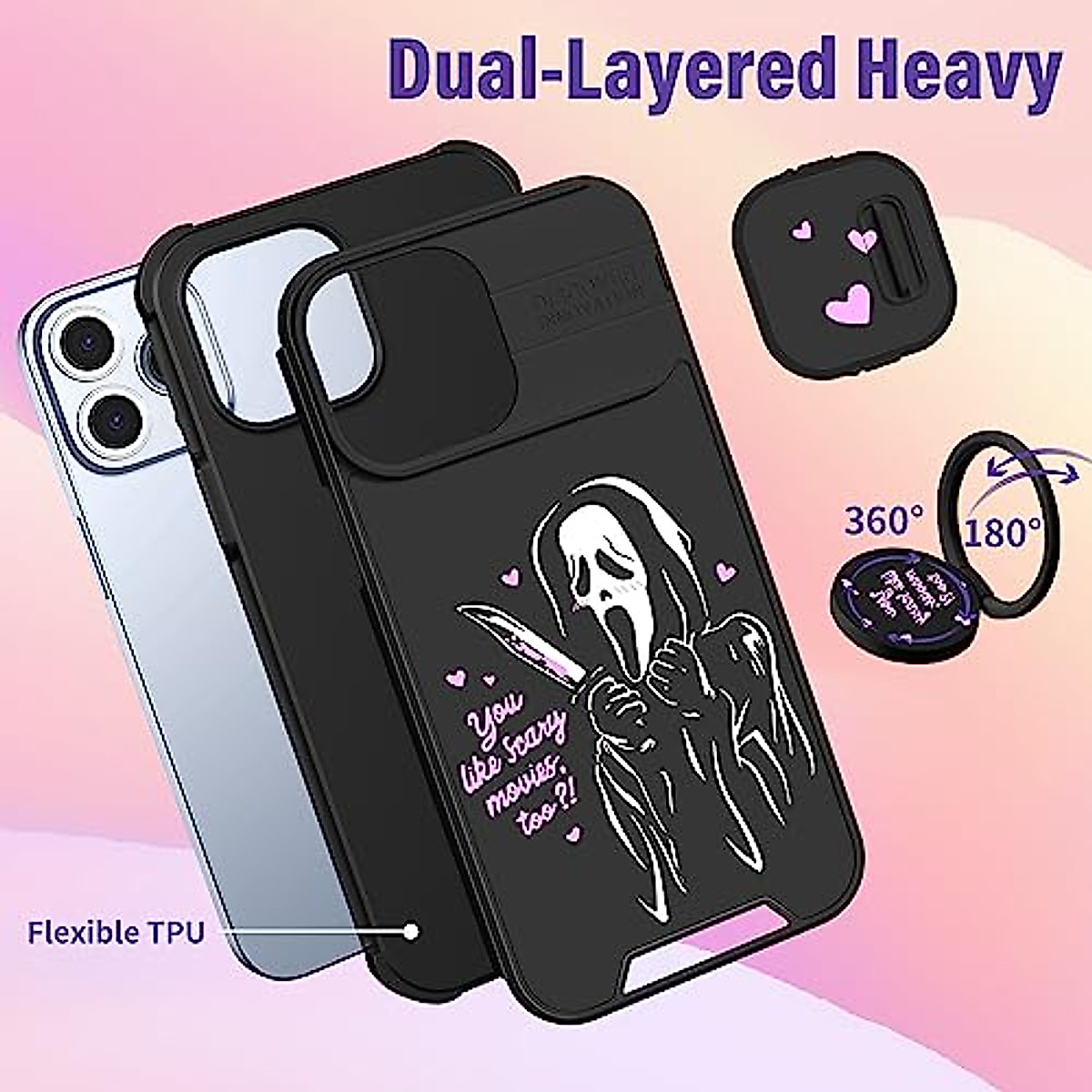 oqpa for iPhone 13 Pro Max Phone Case Cute Cartoon Phone Case for Women Girly Girl Cool Kawaii Funny 13 ProMax Case with Camera Cover+Ring Holder for Apple iPhone 13 Pro Max 6.7'', Heart Skull