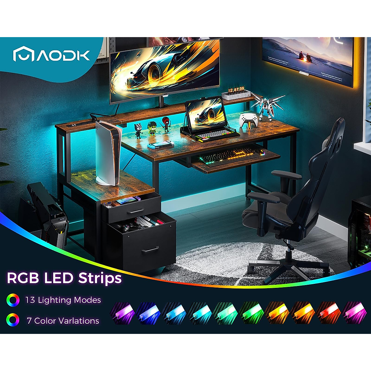 AODK 55" Computer Desk with Fabric File Cabinet and Drawer, Reversible Office Desk with Power Outlet and LED Light, Study Desk with Printer Stand, Keyboard Tray, Monitor Riser and PC Stand, Vintage