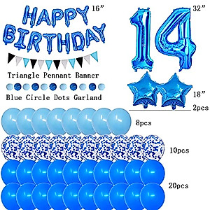 Succris 14TH Blue Theme for 14 Years Old Birthday Party Supplies Blue Happy Birthday Banner Blue Circle Dots Garland Paper Hanging Triangle Flag Banner Confetti balloons Number 14 Blue