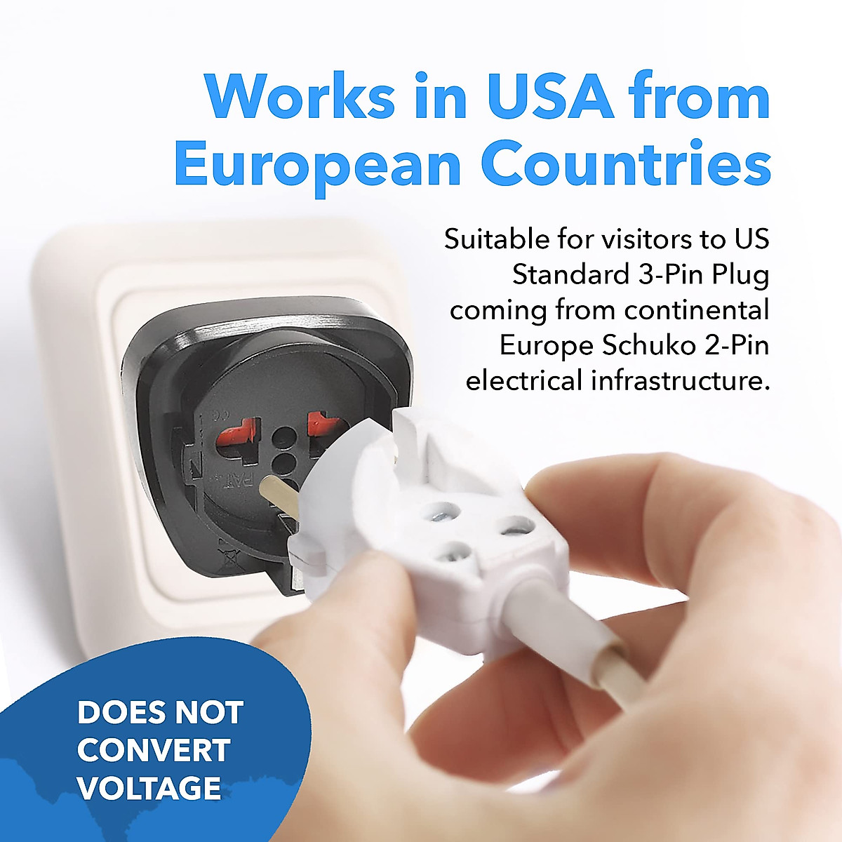 OREI Europe to US Plug Adapter, Grounded European to USA Adapter, American Outlet Plug Adapter, EU to US Adapter, Europe to USA Travel Plug Converter (3 Pack) GP-95
