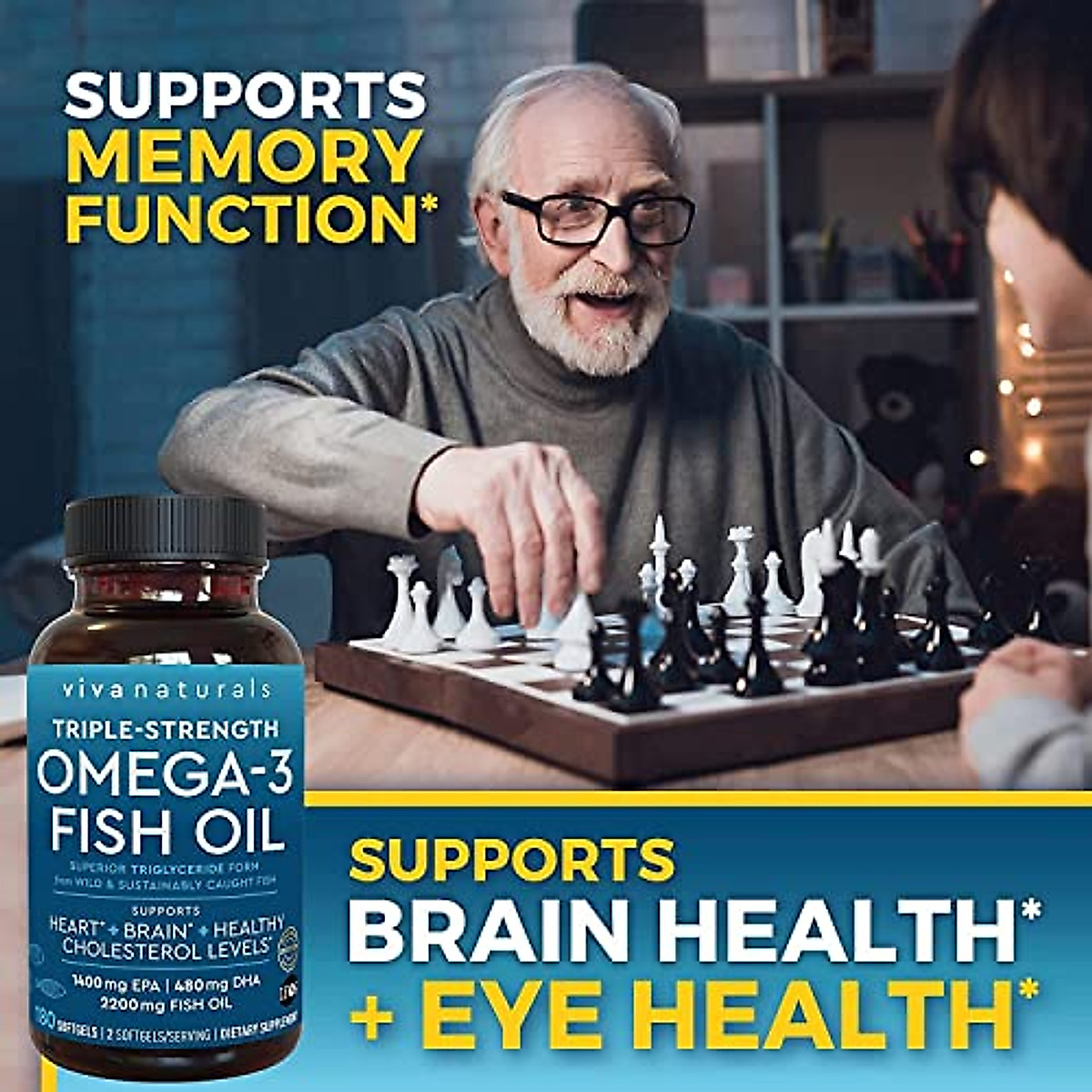 Viva Naturals Triple-Strength Omega 3 Fish Oil with EPA and DHA Supplements 2,200mg, 180 Softgels