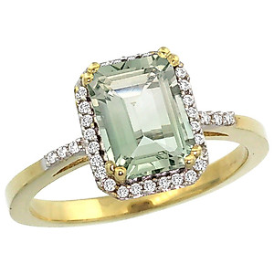 10K Yellow Gold Diamond Genuine Green Amethyst Ring Emerald-cut 8x6mm size 8