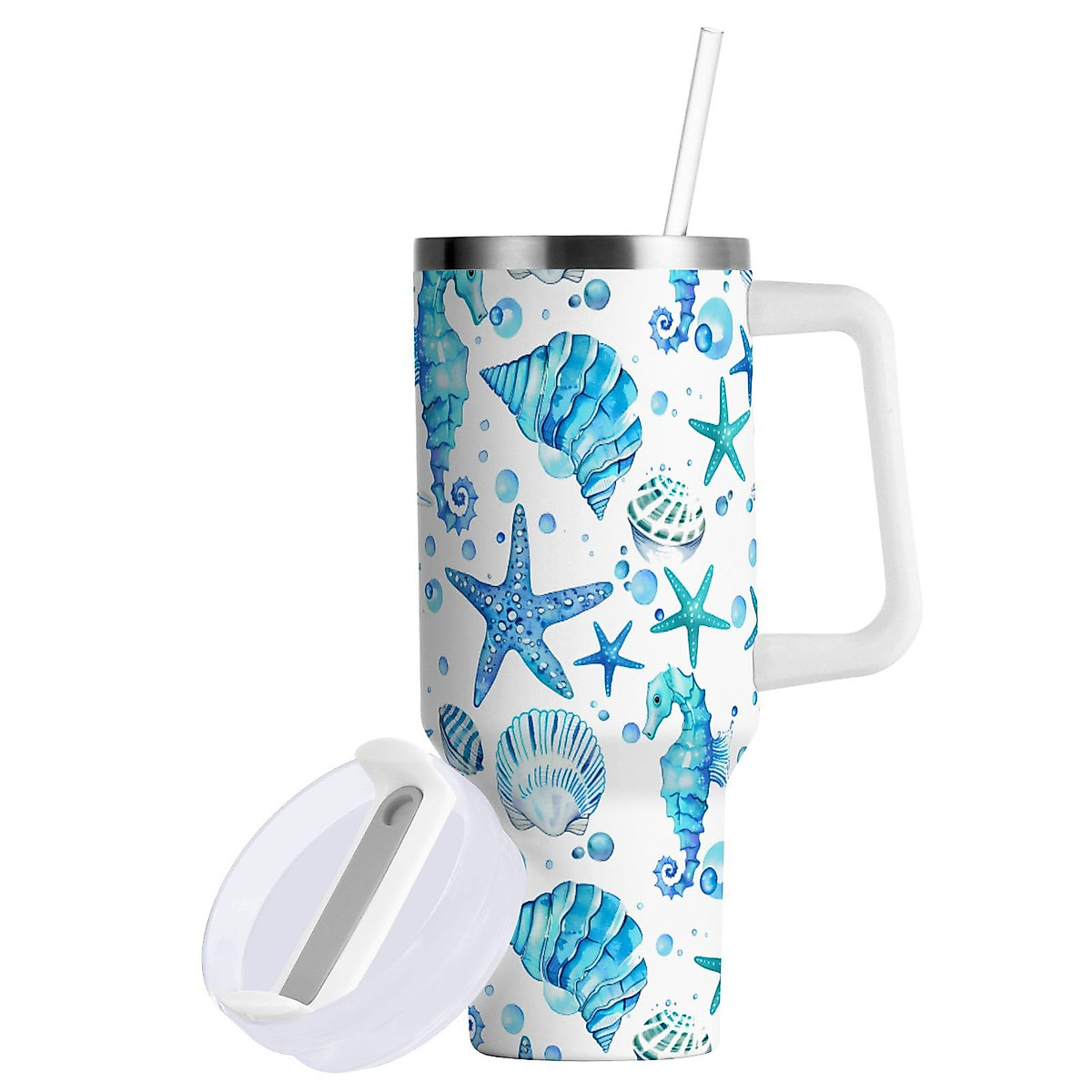 YKZEYK Blue Seahorses Starfish 40 OZ Tumbler with Handle And Straw Insulated Tumblers Coffee Mug Travel Cup Stainless Steel Tumblers Tumbler