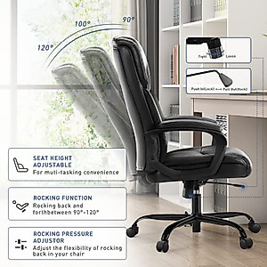 Home Office Desk Chair High Back Adjustable Ergonomic Managerial Rolling Swivel Task Chair Computer PU Leather Executive Chairs with Padded Armrest, Black