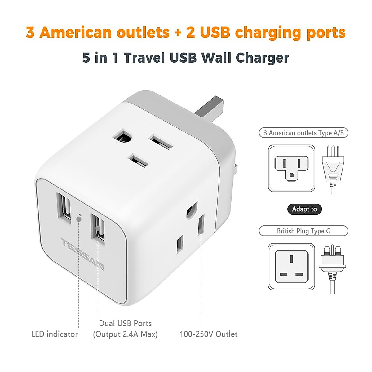 TESSAN US to UK Plug Adapter, Type G UK Travel Plug Adapter, Ireland Scotland Dubai Power Adapter with 3 Outlets and 2 USB Ports, USA to England London British Qatar Kenya Outlet Converter
