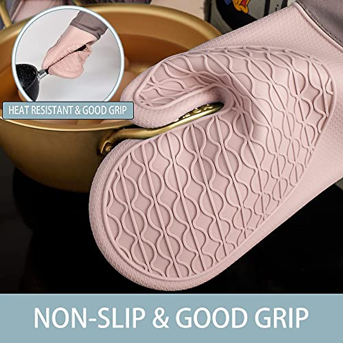 Silicone Oven Mitts Heat Resistant, Oven Mitts and Pot Holders Sets, Kitchen Mittens 5 Piece Set, Oven Gloves for Cooking,Baking,BBQ, Pink Oven Mitts, Easy Clean