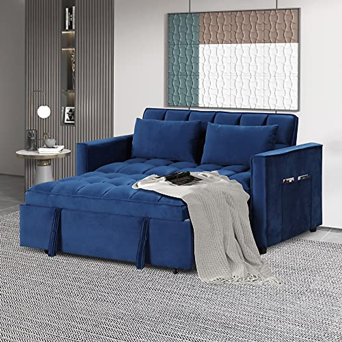EBELLO 3 in 1 Convertible Sleeper Sofa Bed, Modern Velvet Loveseat Futon Couch Pullout Bed with Side Storage Pockets & Pillows, Small Love Seat Lounge Sofa Bed for Small Space, Living Room