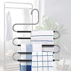 HonTop 3 Pack Pants Hangers S-Shape 5 Layers Stainless Steel with Black Silicone Coating Multi Clothes Cascading Pants Hangers Space Saving Clothes Organizer for Jeans Pants Scarf Ties Towels