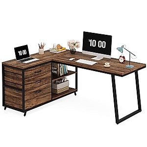 LITTLE TREE Reversible 53-inch L Shaped Desk with 3 Drawer, Farmhouse Corner Desk Gaming Table with Shelves and File Cabinet for Letter Size & Legal Size File for Home Office and Small Space, Brown