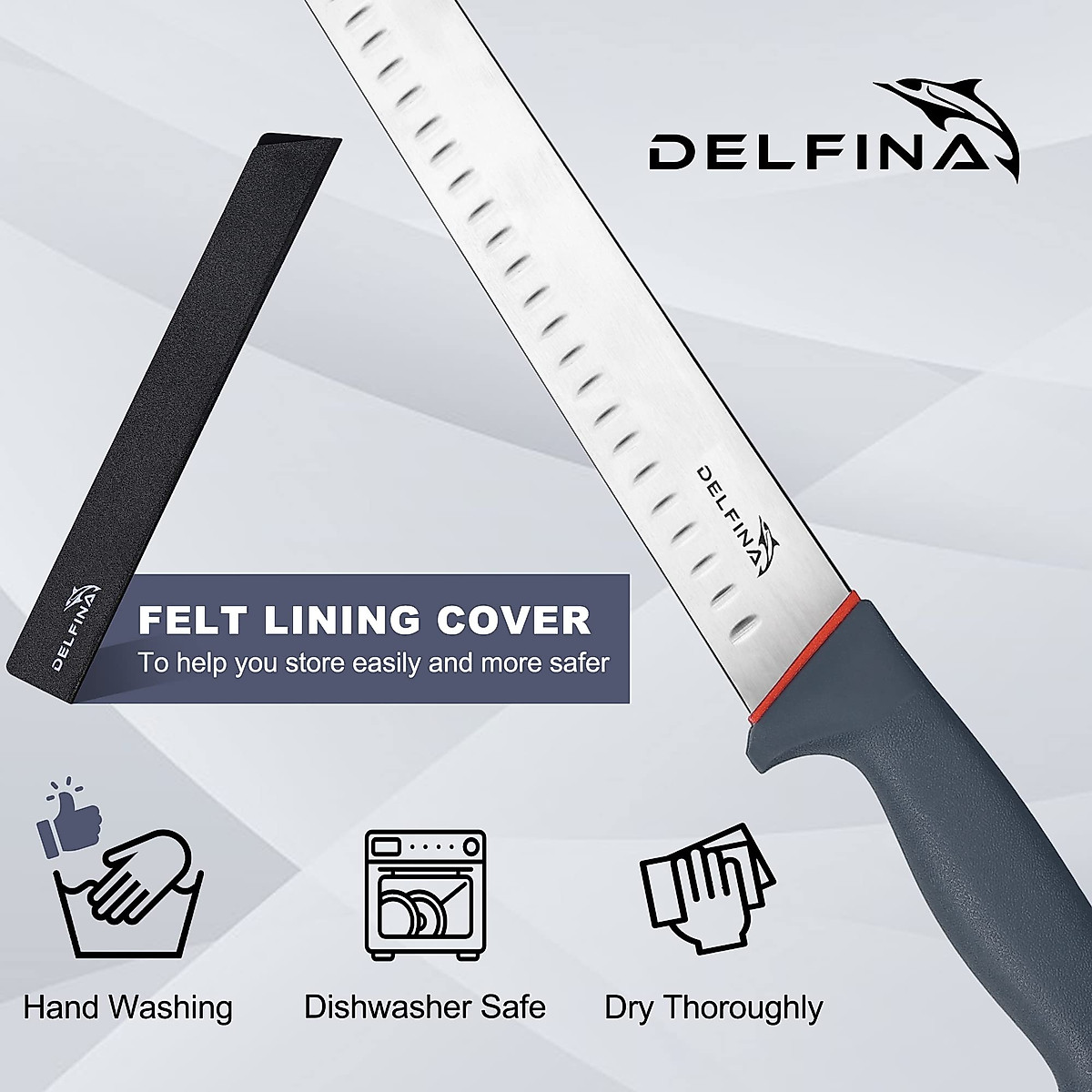 DELFINA 12 Inch Brisket Slicing Knife W/Sheath & SoftGrip Handle, Ultra Sharp Premium Carving Slicing Knife For Meat Cutting, Great for Slicing Roasts, Meats, Fruits and Vegetables
