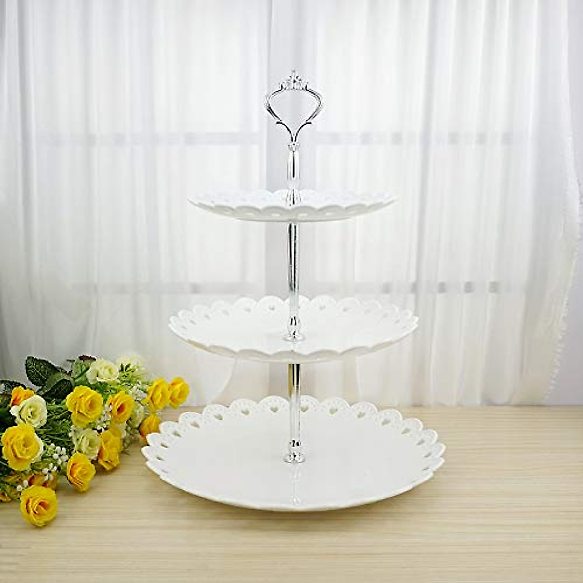 3-Tier White Silver Plastic Dessert Stand Pastry Stand Cake Stand Cupcake Stand Holder Serving Platter for Party Wedding Home Decor-Large-Set of 2