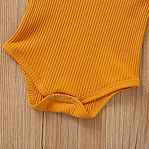 Infant Baby Girls Ribbed Outfits Set Sleeveless Romper Tank Tops Ruffle Shorts Headband Summer Newborn Clothes (Earthy Yellow, 12-18 Months)