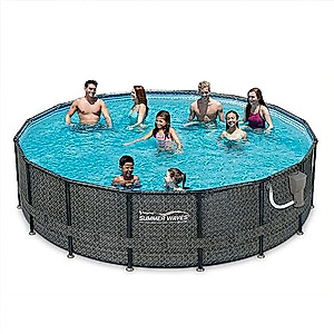 Funsicle 16' x 48" Oasis Designer Round Frame Outdoor Above Ground Swimming Pool Set with SkimmerPlus Filter Pump and Pool Cover, Dark Herringbone