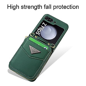 EAXER for Samsung Galaxy Z Flip 5 Case, Shockproof PU Wallet Folding Case Leather Zipper Crossbody Strap Cover (Green)