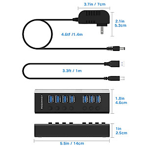 USB Hub 3.0 Powered Rosonway Aluminum 7 Ports USB 3.0 Data Hub Splitter with 24W (12V/2A) Power Adapter and Individual On/Off Switches USB Port Expander for PC and Laptop (RSH-A37S)
