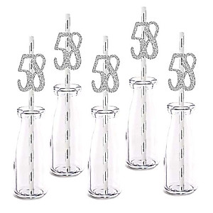 Silver Happy 58th Birthday Straw Decor, Silver Glitter 24pcs Cut-Out Number 58 Party Drinking Decorative Straws, Supplies