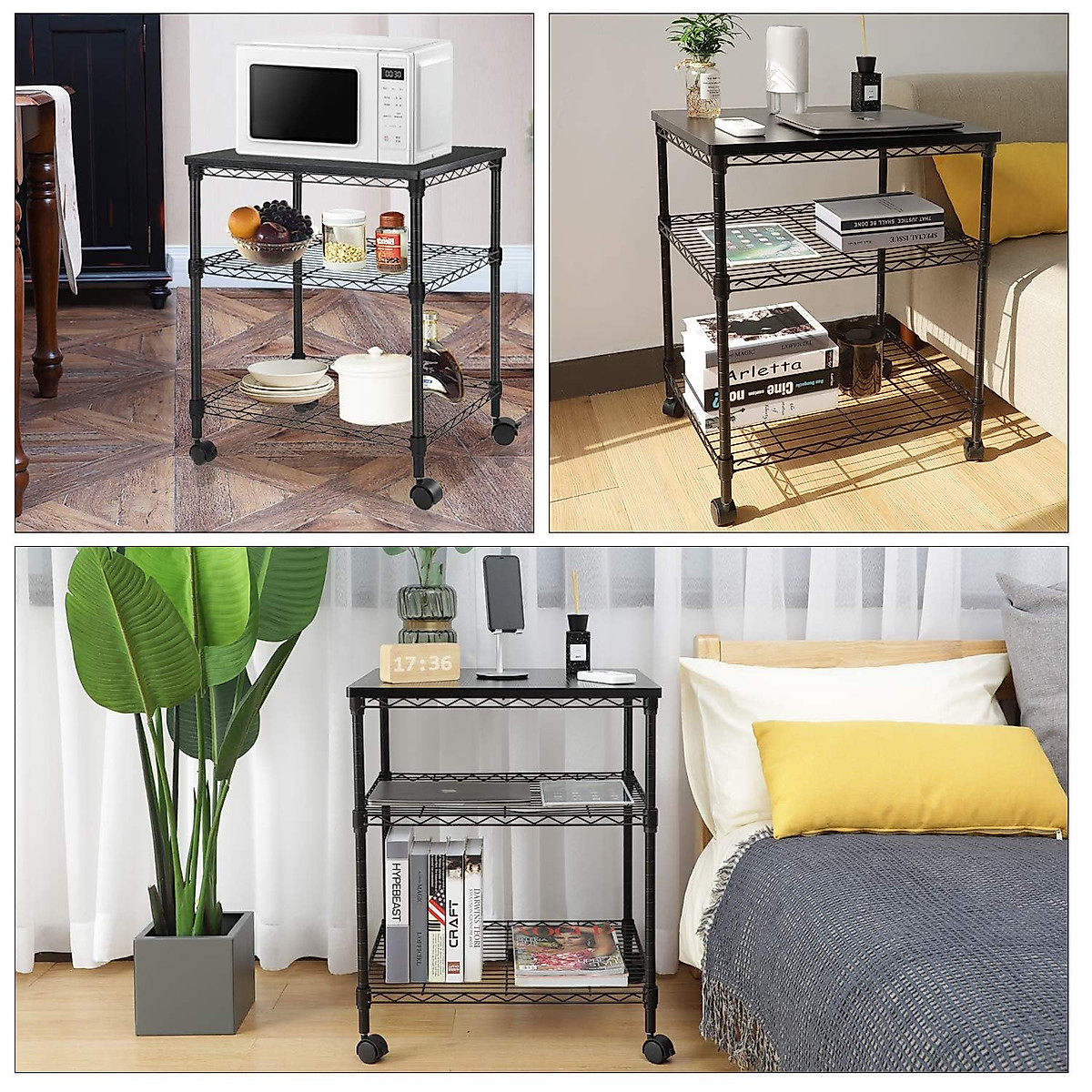 HUANUO Printer Stand, 3 Tier Printer Cart for Storage, Printer Table Holds up to 200lbs, Multifunctional Metal Utility Shelves, Workspace Desk Organizer, Rolling Cart for Home & Office Use, HNPS01