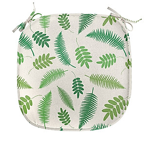 Lunarable Fern Pattern Chair Seating Cushion Set of 4, Nature Botanical Design Art Image Various Style Fronds Illustration, Anti-Slip Seat Padding for Kitchen & Patio, 16"x16", Ivory and Lime Green