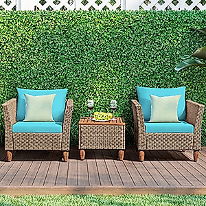 Tangkula 3 Piece Patio Furniture Set, Outdoor Wicker Rattan Bistro Sofa Set w/Washable Cushion, Acacia Wood Top Coffee Table, Conversation Set w/Adjustable Feet for Balcony Backyard Porch (Turquoise)
