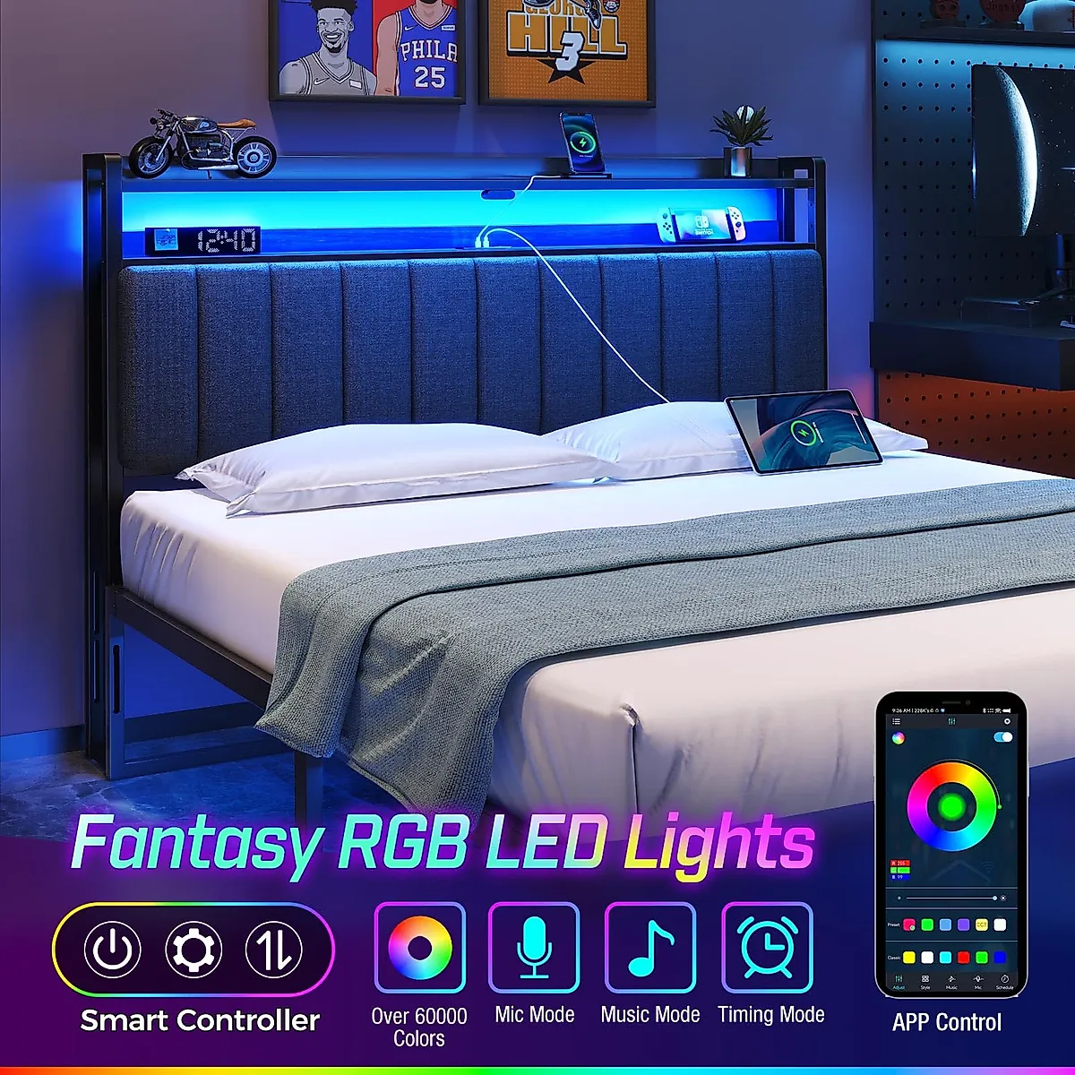 Rolanstar Headboard for Queen Size Bed with Storage, 60,000 DIY Color of LED Light, Head Board with USB & Type C Port, Height Adjustable, Black Upholstered Cabeceras de Cama Comfortable Modern, Linen
