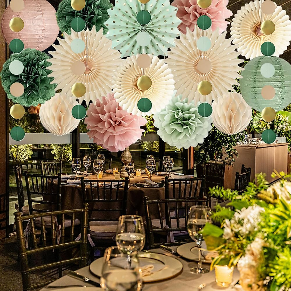 Dusty Rose and Sage Green Party Decorations Olive Sage Dusty Rose Paper Pom Poms Paper Lanterns Circle Dots Hanging Garland for Women Girls Birthday Baby Shower Wedding Bridal Shower Party Decor