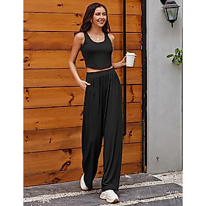 Ekouaer Women's Pajamas 2 Piece Lounge Set Ribbed Knit Loungewear Sleeveless Tank Top Wide Leg Pants,Black,S